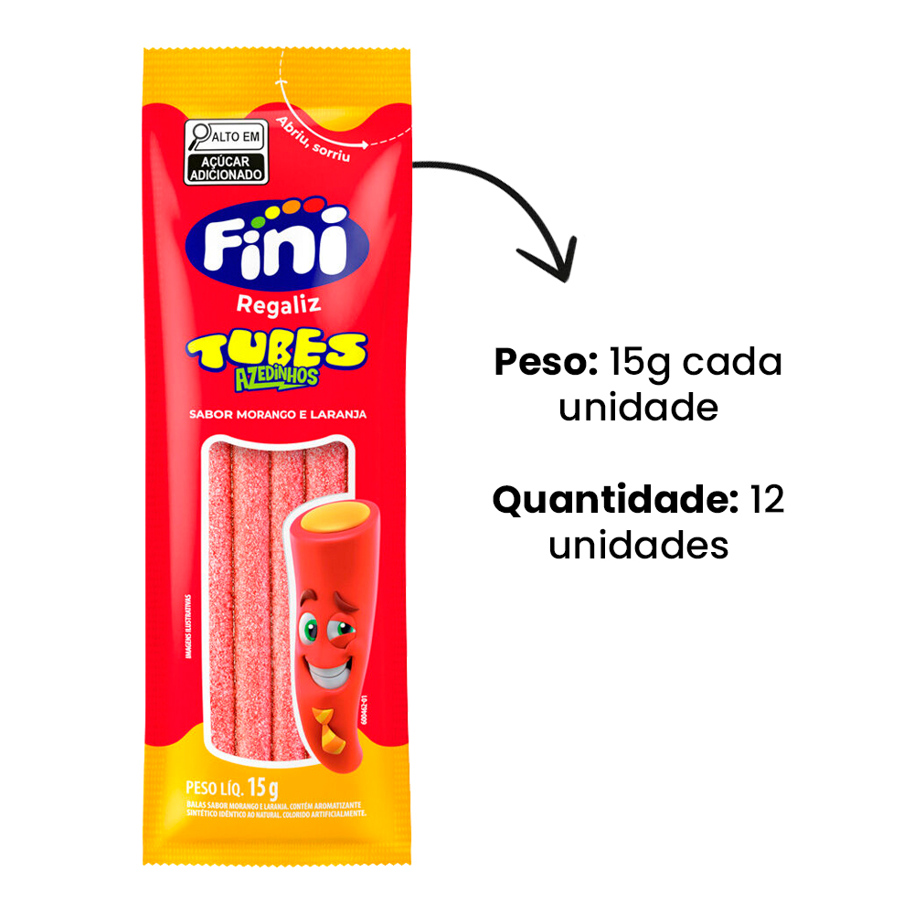Caixa com Tubes Morango Azedinho com 12 unidades - Fini - Morango c ...