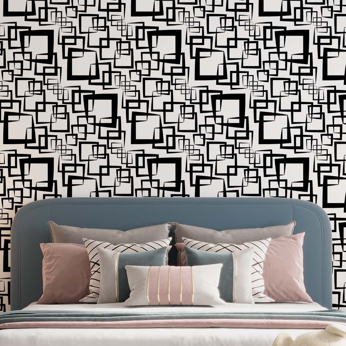 Papel de Parede Adesivo Vinil Abstrato Quadradros Preto Branco Sala ...