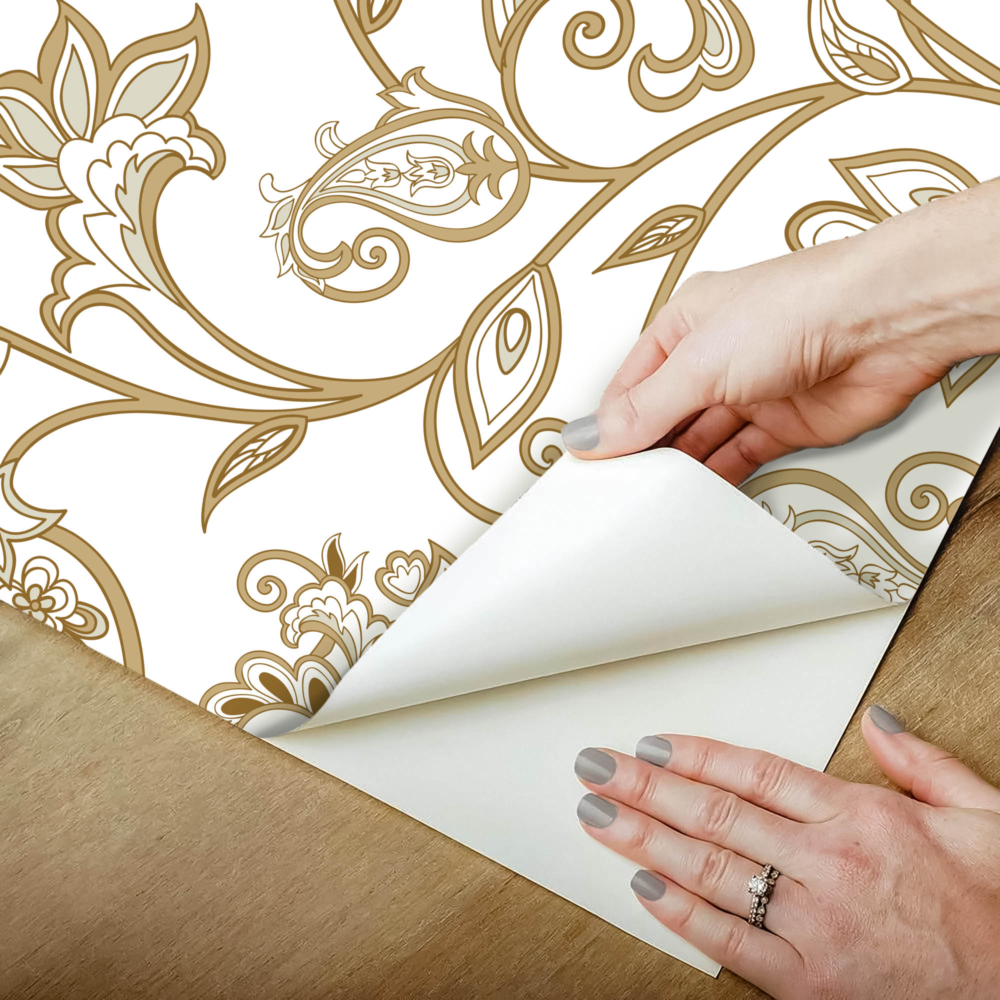 Papel de Parede Adesivo Vinil Provençal Dourado Gold Flores Vintage ...