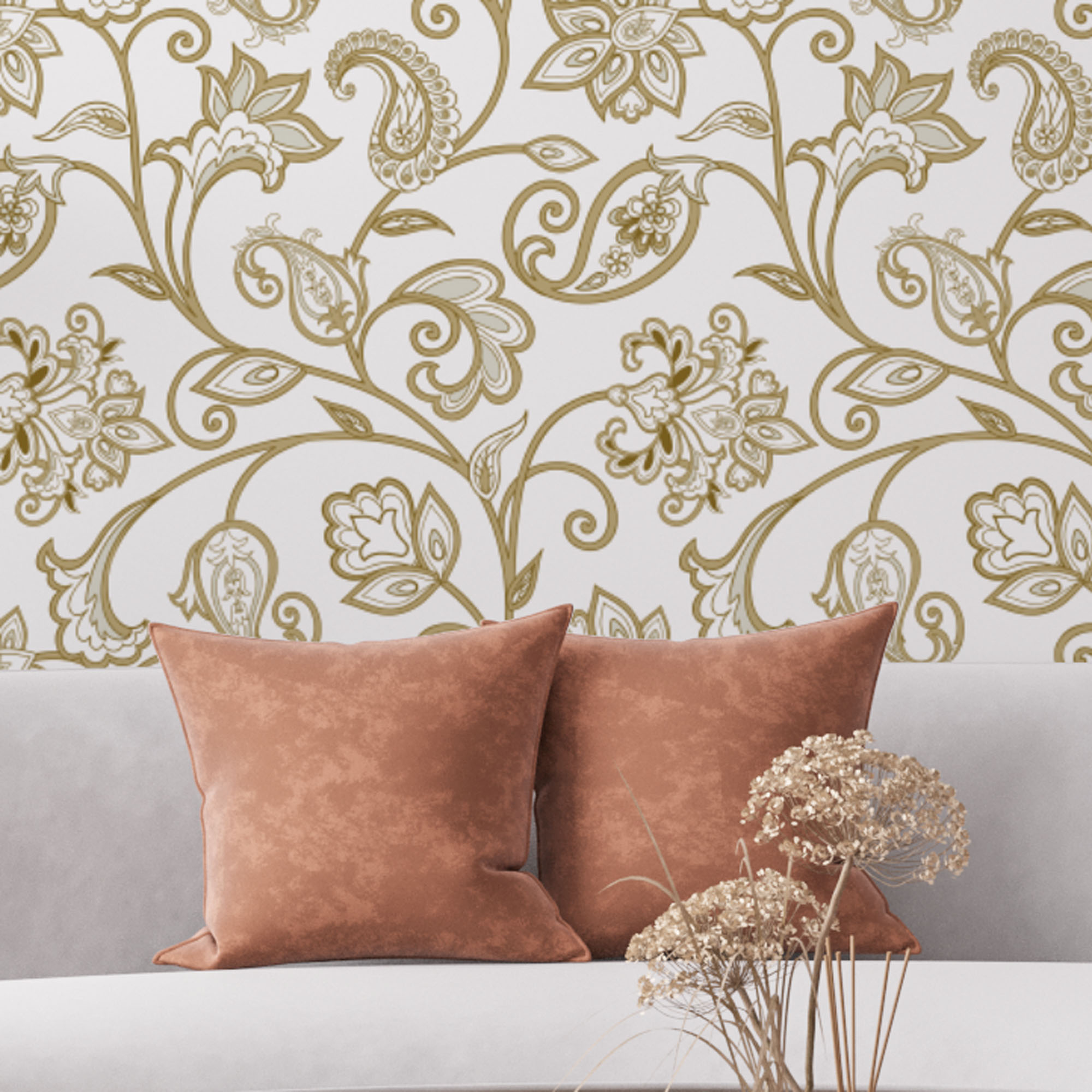 Papel de Parede Adesivo Vinil Provençal Dourado Gold Flores Vintage ...