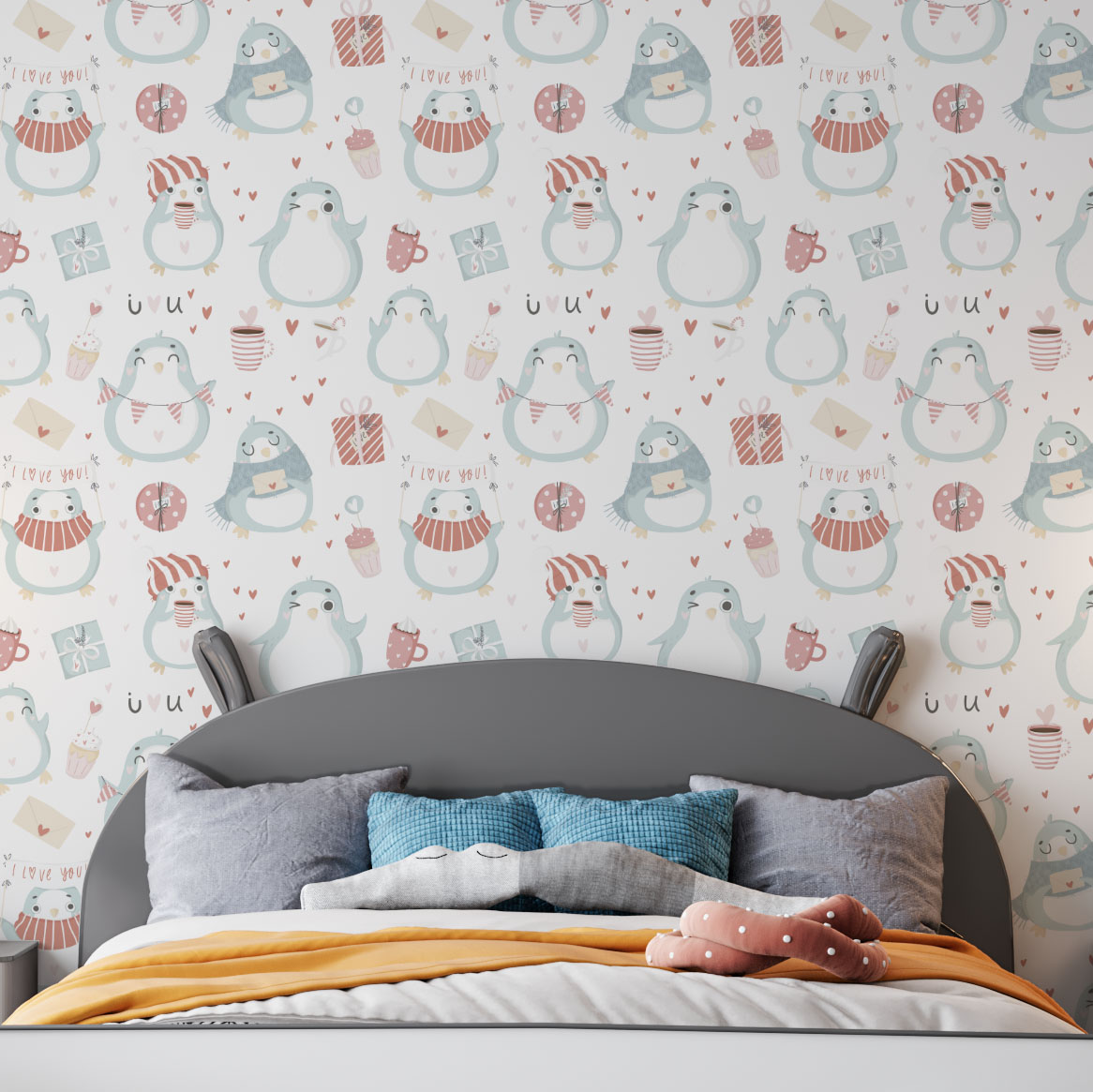 Papel de Parede Adesivo Vinil Pinguins I Love Azul Fofo Moderno Quarto ...