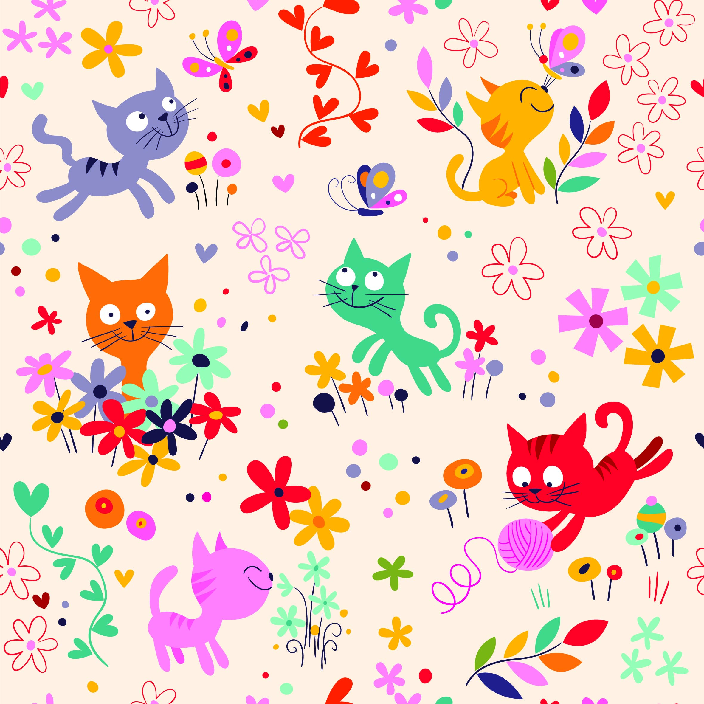 Papel de Parede Adesivo Vinil Gatinho Colors Floral Fofo Vintage Quarto ...
