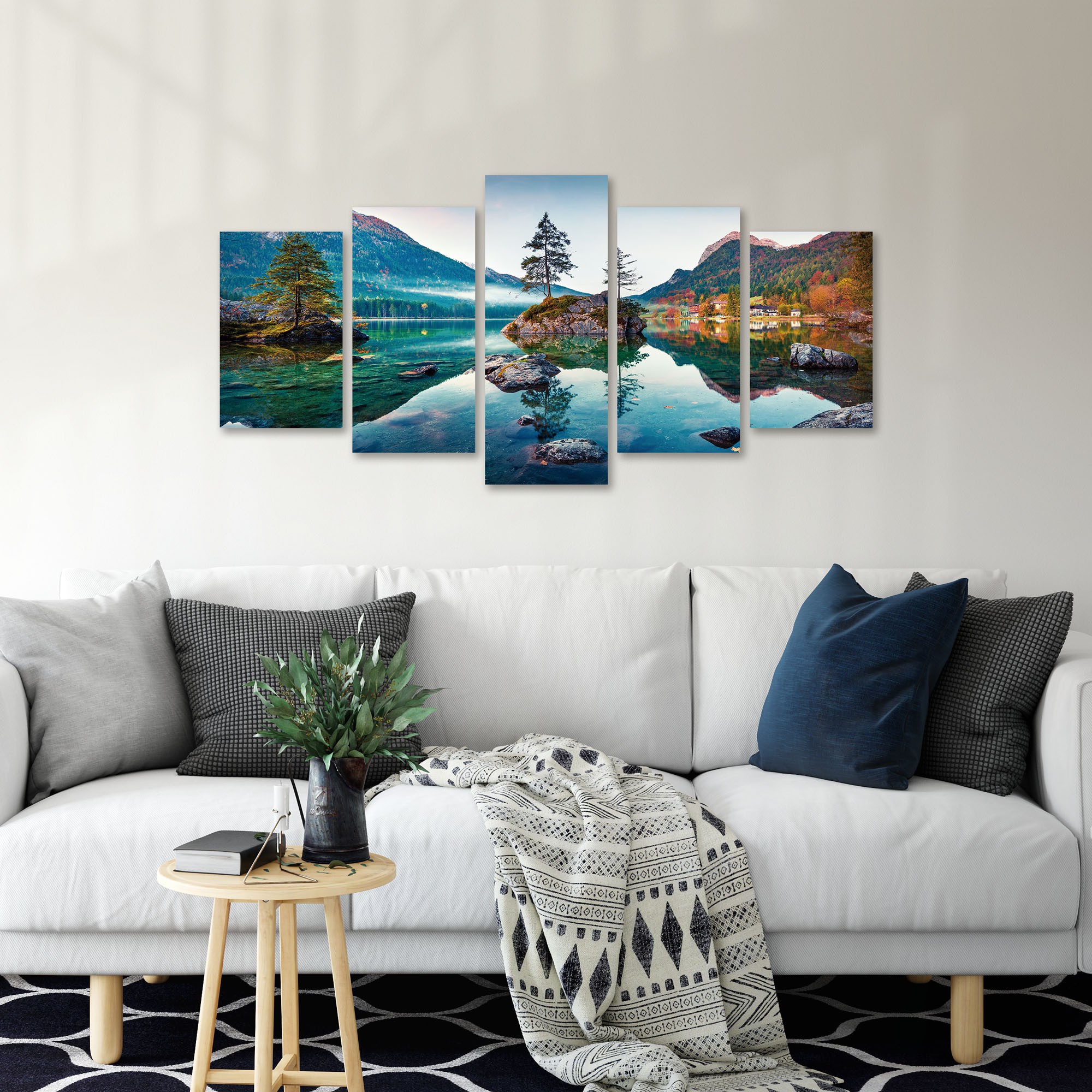 Kit Quadros Mosaico Montanhas Arvores Sala Lago - Deliquadros