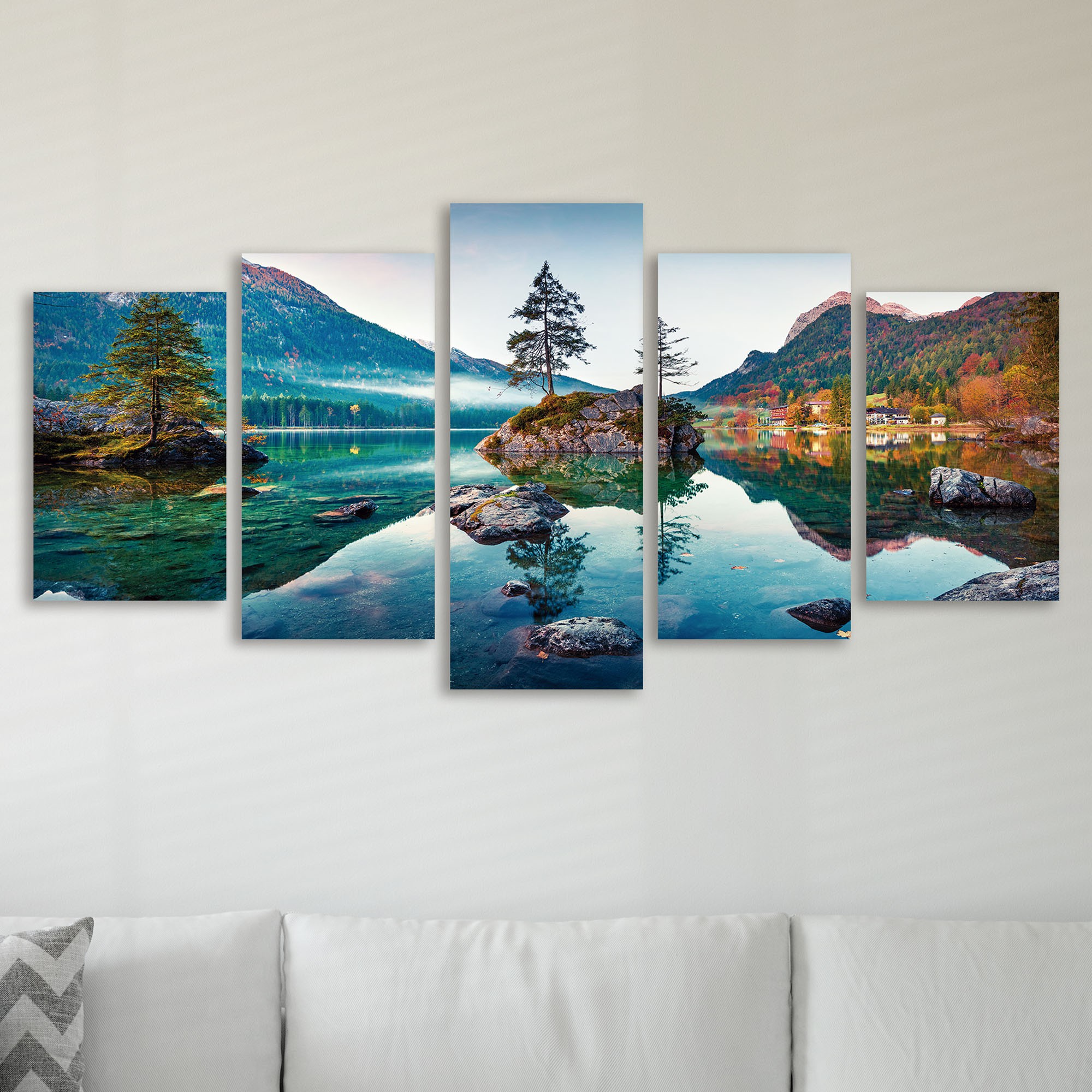 Kit Quadros Mosaico Montanhas Arvores Sala Lago - Deliquadros