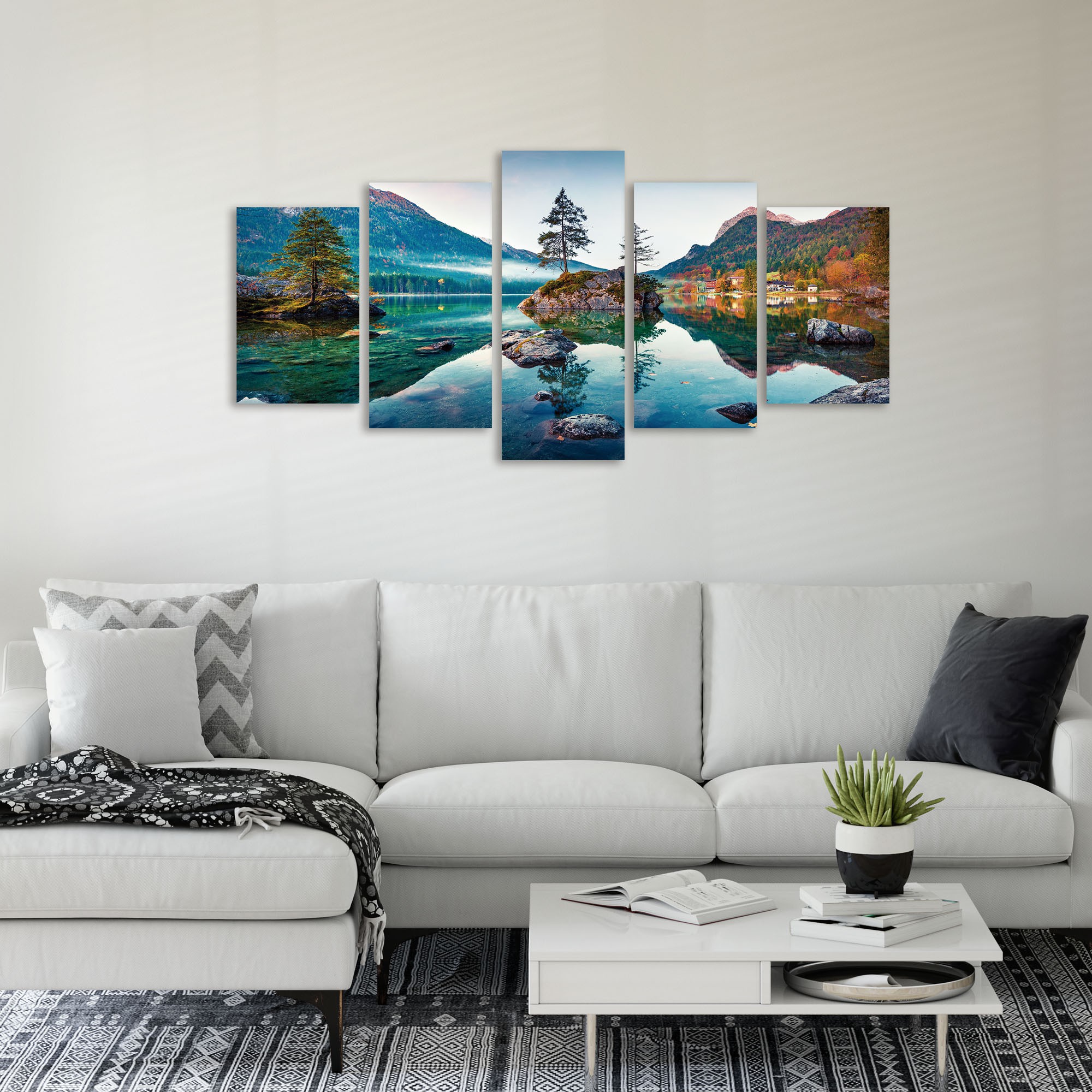 Kit Quadros Mosaico Montanhas Arvores Sala Lago - Deliquadros