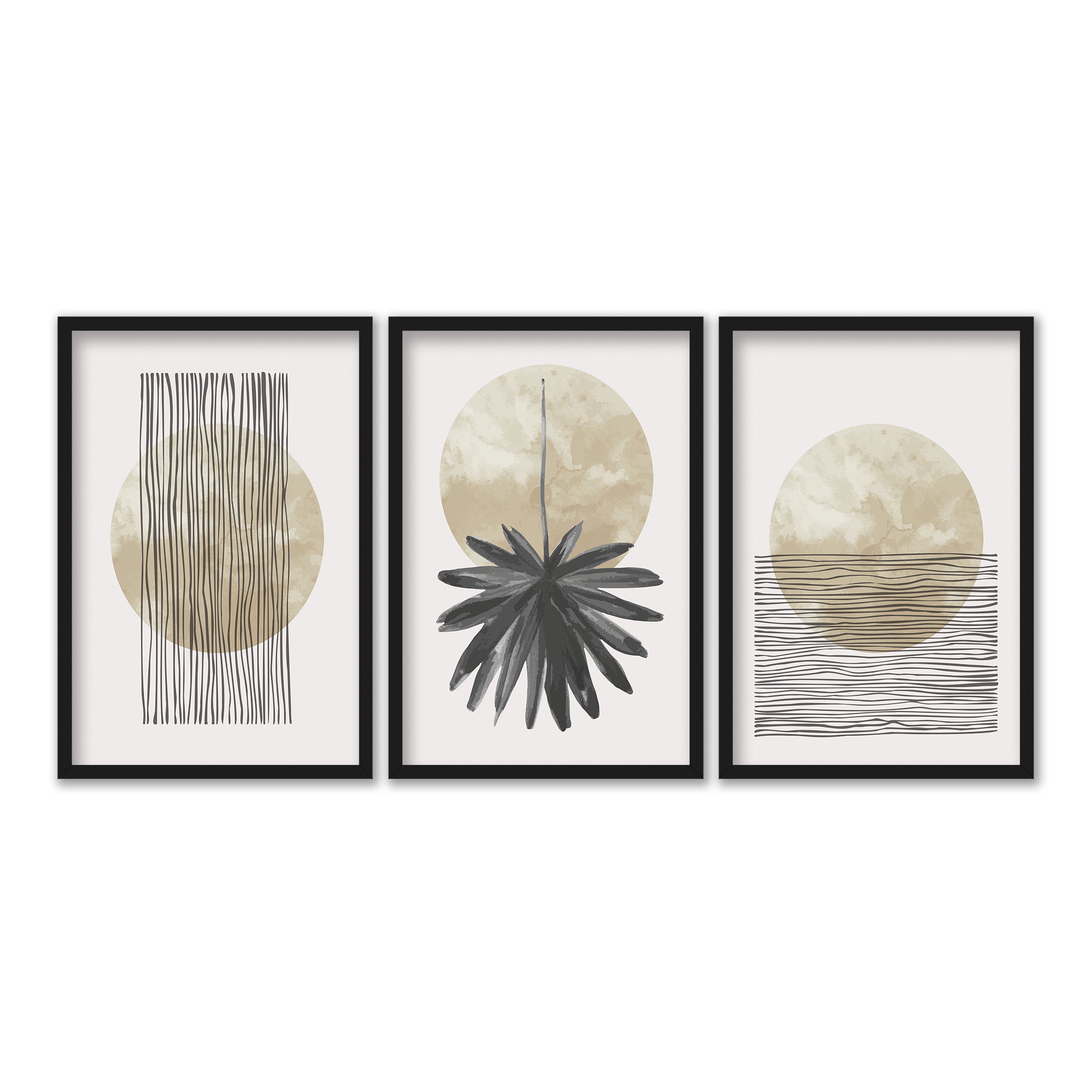 Kit 3 Quadros Decorativos Abstrato Lua Linhas Moderno Tons De Bege ...