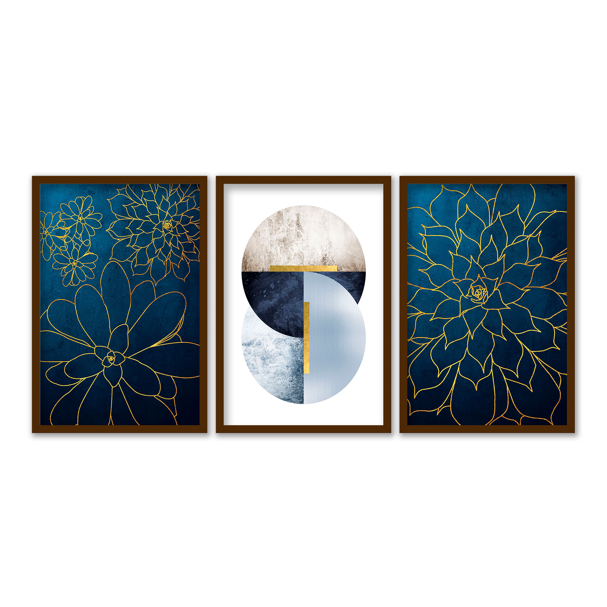 Kit 3 Quadros Decorativos Desenho Flores Linhas Douradas Fundo Azul ...