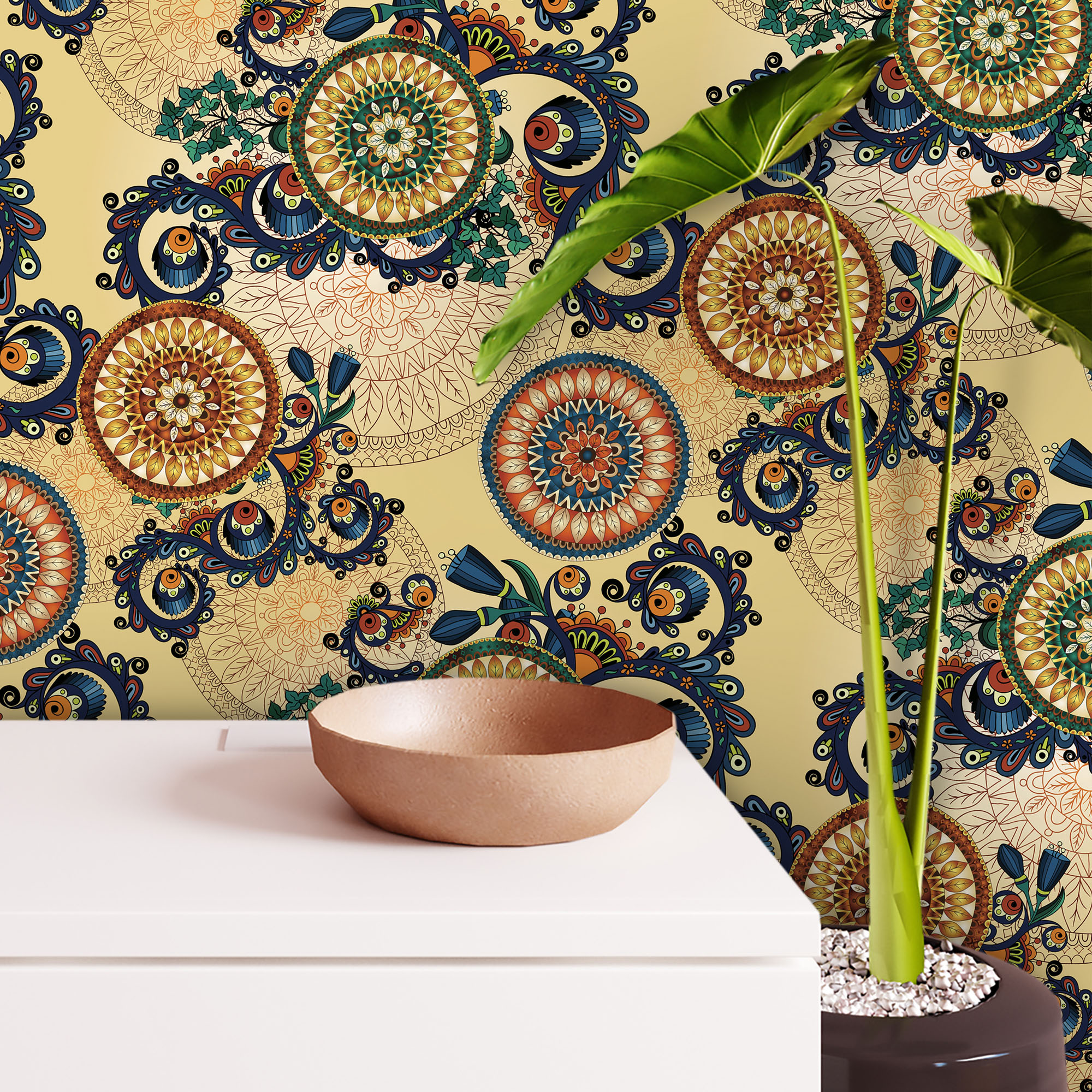 Papel de Parede Adesivo Vinil Mandala e Arabescos Laranja Colors Sala Cozinha - Deliquadros