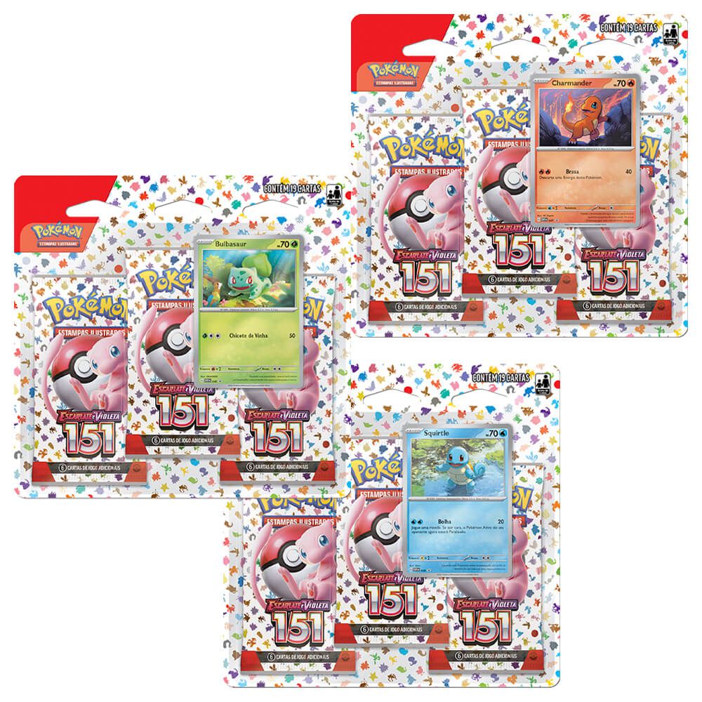 Pokémon TCG: 3 Triple Packs SV3.5 Escarlate e Violeta 151 - Bulbasaur, Charmander e Squirtle ...