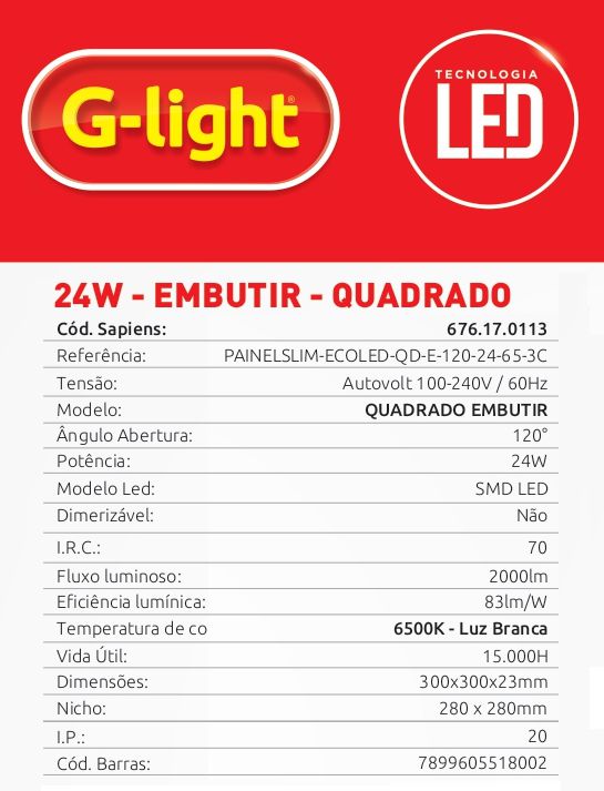 Painel LED Quadrado Embutir 24W 6500K Branco G-Light - Eletrovanza ...