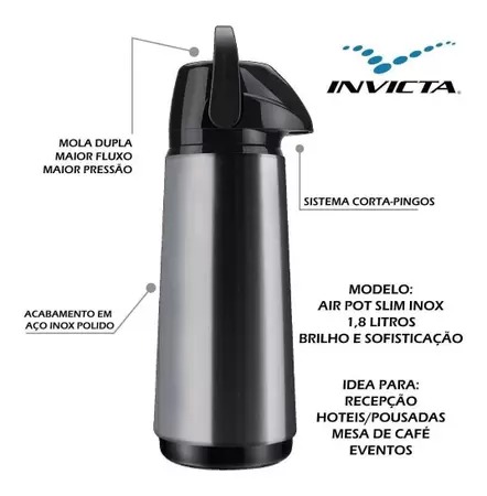 INVICTA GARRAFA AIR POT INOX SLIM 1,8L - Shalom Comércio de Embalagens