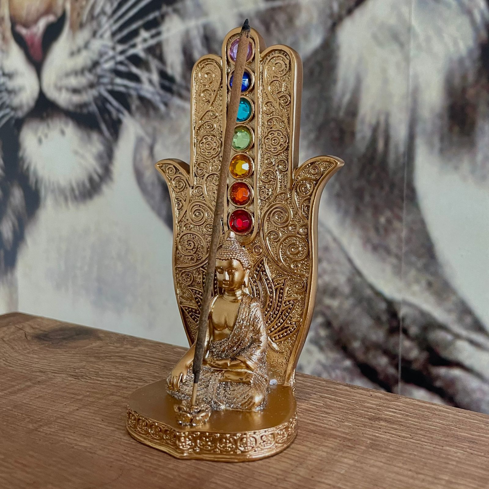 Incensário Mão Hamsá 7 Chakras - Buda Dourado 2 - Atacado Incenso
