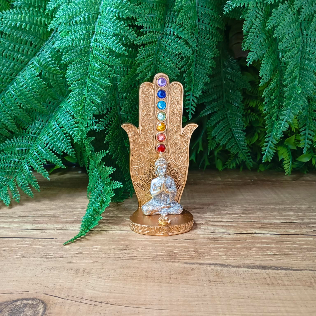 Incensário Mão Hamsá 7 Chakras - Buda Prata com Dourado - Atacado Incenso