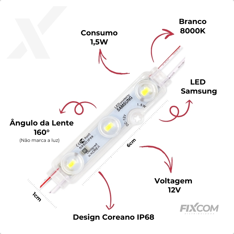 Módulo Led Coreano 12v 3-leds 1,5w Ip68 Branco Frio 8000K Blindado ...