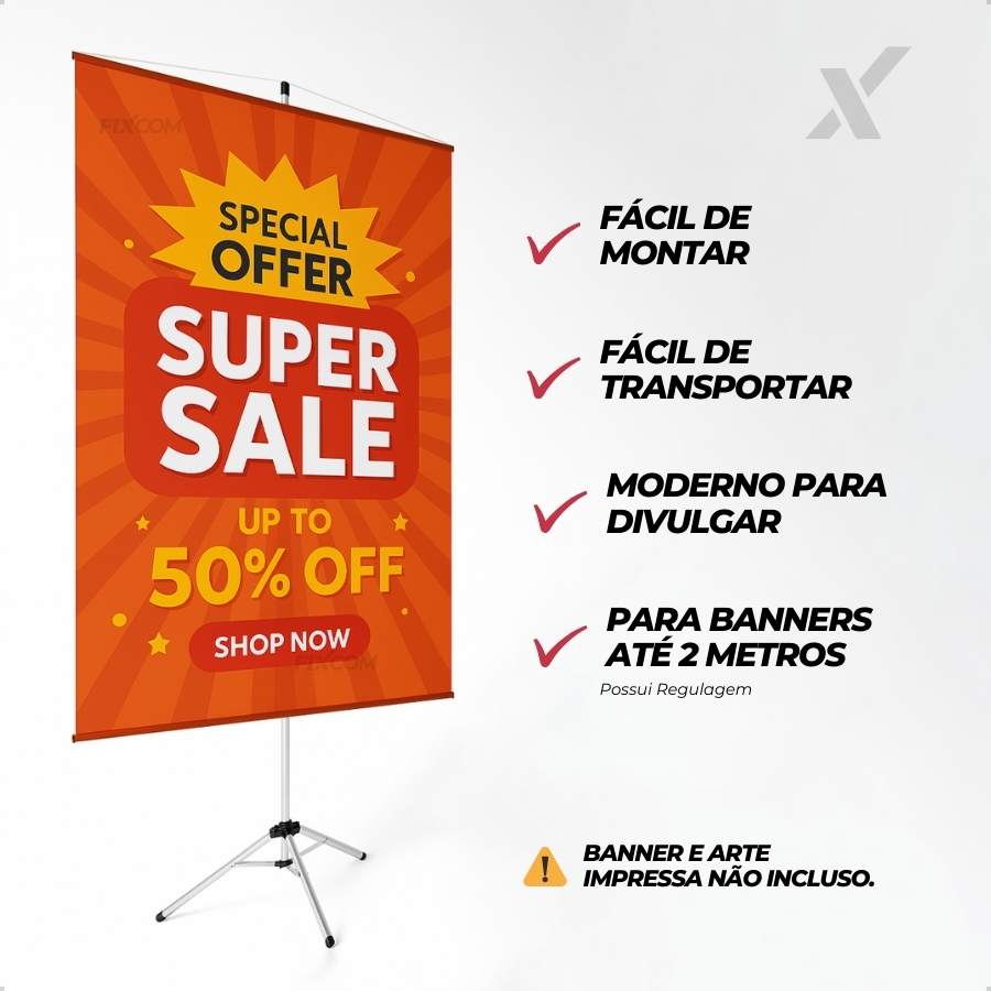 Porta Banner 2.15m Pedestal Tripé Suporte Alumínio Retrátil - FIXCOM | Distribuidora de Produtos ...