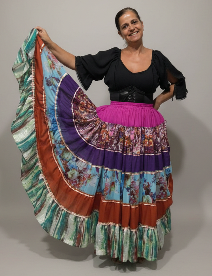 Saia Longa Cigana Modelo Patchwork com 12 metros de roda Rosa - Casa Shiva