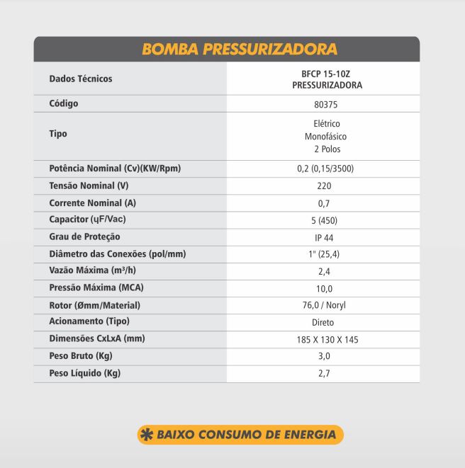 Bomba Elétrica Pressurizadora Bfcp 15-10z 0,2cv 220v Buffalo - Loja ...