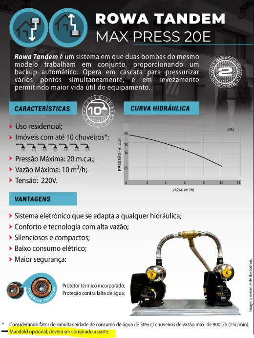 Sistema de Pressurização Rowa Tandem 20e 1/2cv 220v até 10 Banheiros C ...