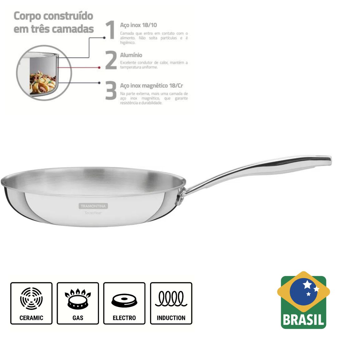 Frigideira Tramontina Aço Inox Cooktop Fogão Indução Corpo Triplo 26 cm ...