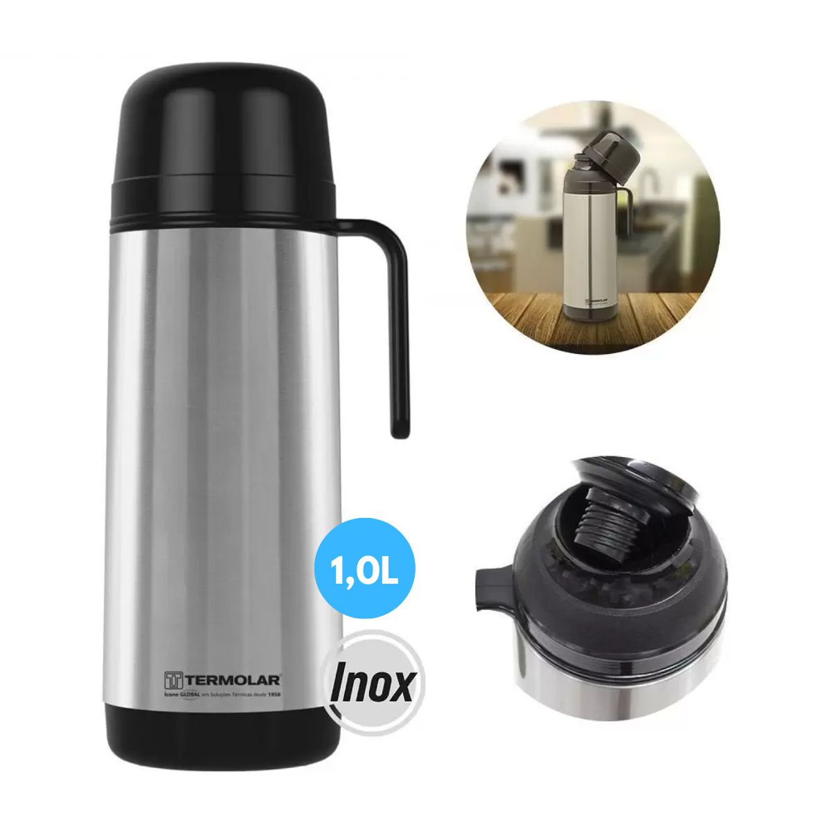 Garrafa Térmica de Café Chá Termolar 1 Litro Lúmina Vidro Aço Inox ...