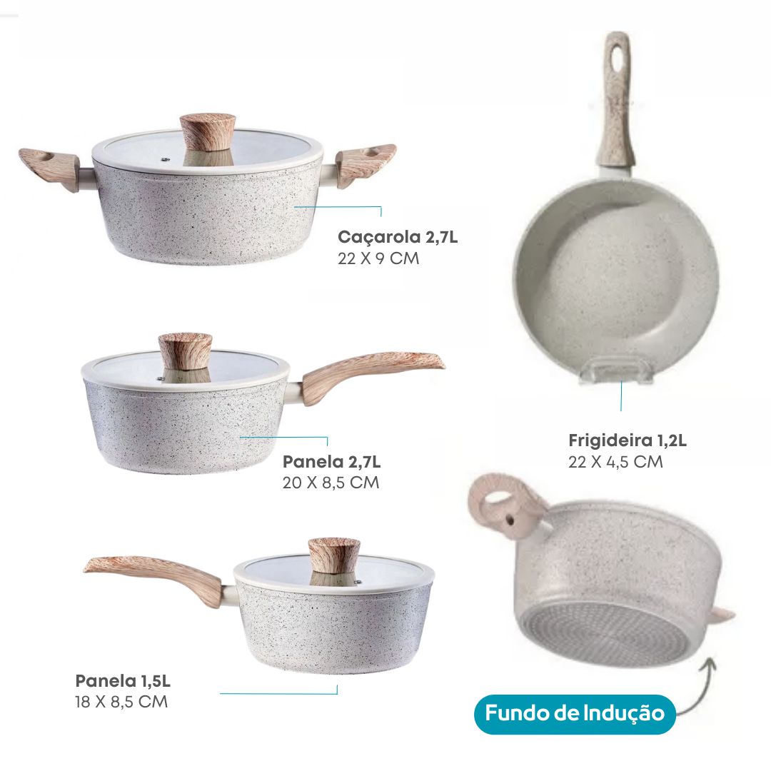 Jogo de Panelas Antiaderente Ceramica Vanilla Cooktop Fogão Indução Kit ...