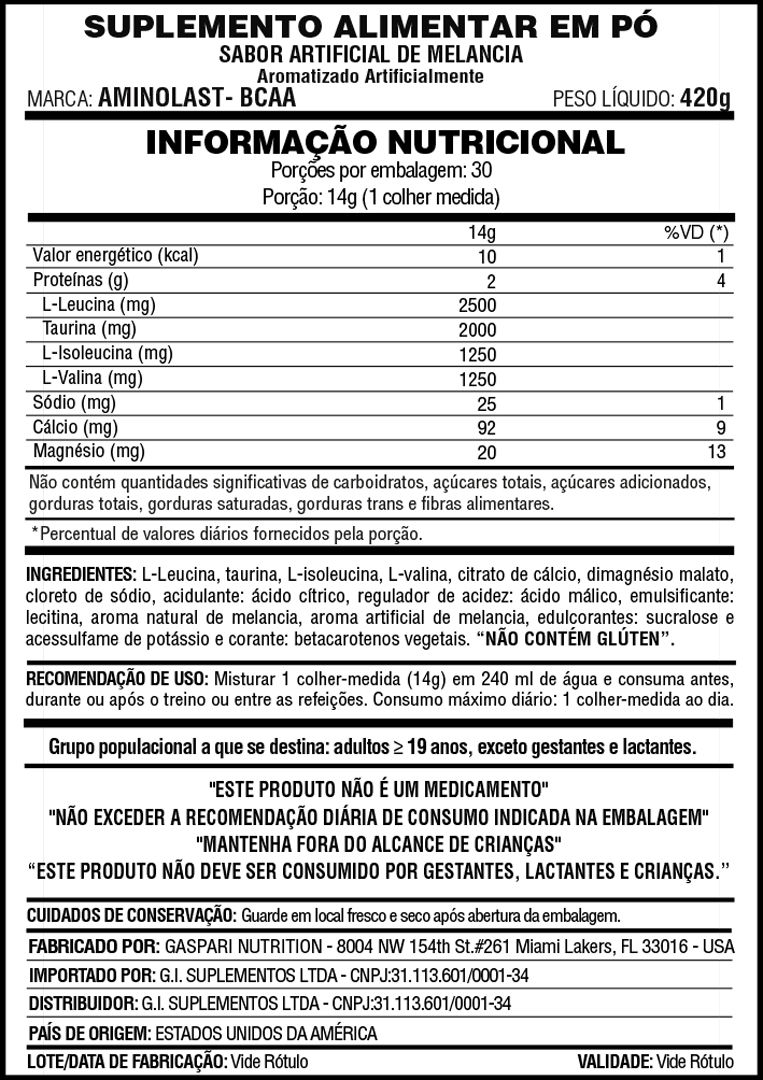 Gaspari Nutrition Aminolast BCAA Aminoácidos 420 GR Watermelon Melanci ...