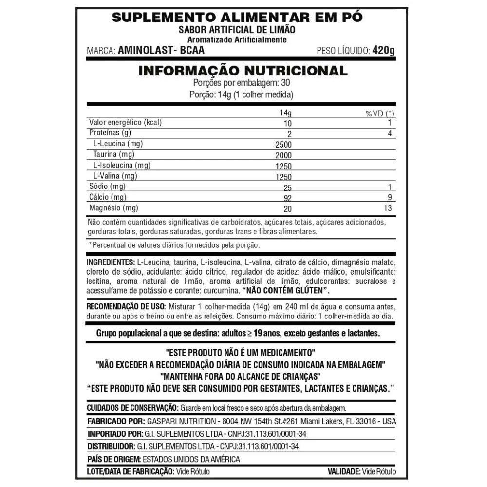 Gaspari Nutrition Aminolast BCAA Aminoácidos 420 gr Lemon Ice Limão ...