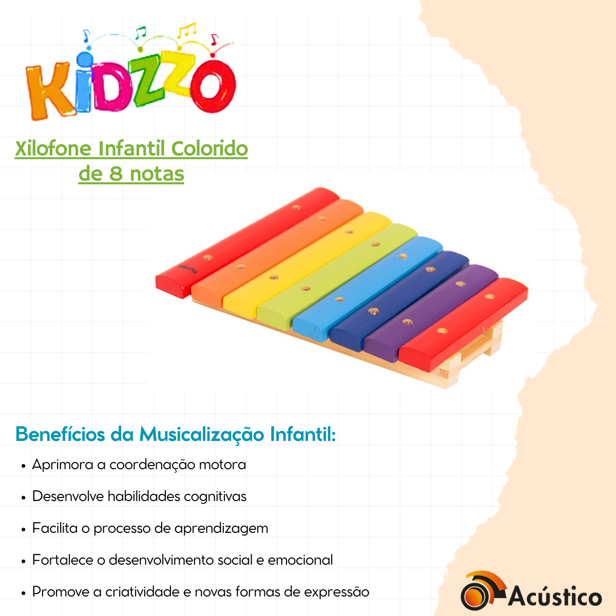 Xilofone Infantil Pedagógico 8 Notas Colorido Madeira KIDZZO - O ...