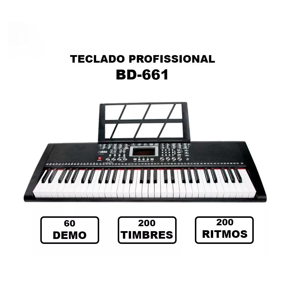 Teclado Musical Profissional 61 Teclas BD-661 Eletrônico USB - O ...