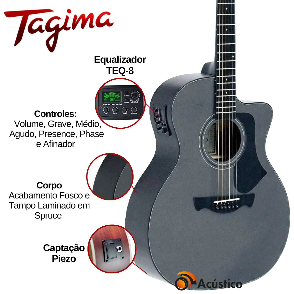 Kit Violão Tagima Rio Negro Deep Silver TEQ-8 Auditorium Capa - O ...