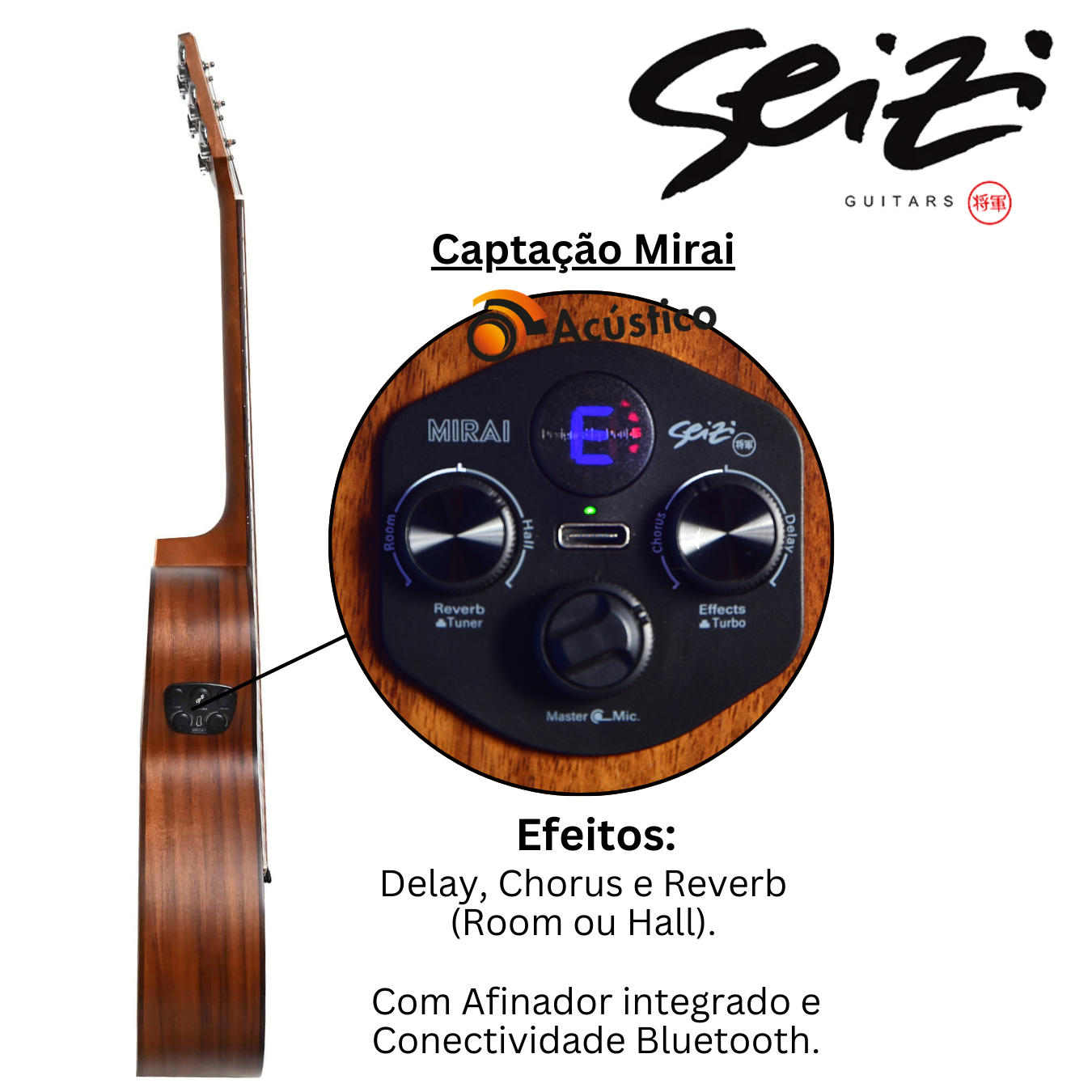 Kit Violão Seizi Neo Tokyo Mirai bluetooth Mahogany Completo - O ...