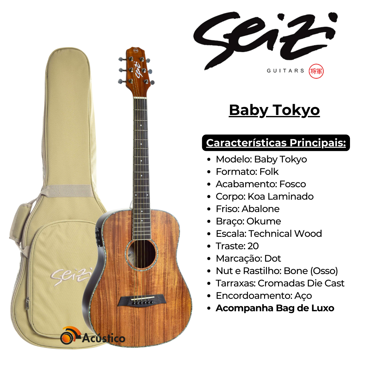 Kit Violão Seizi Baby Tokyo Abalone Koa Ativo Completo - O Acústico ...