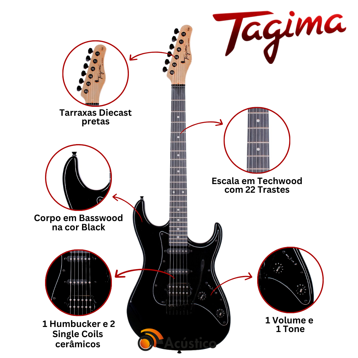 Kit Guitarra Stratocaster Tagima TG-520 Preto Completo - O Acústico ...