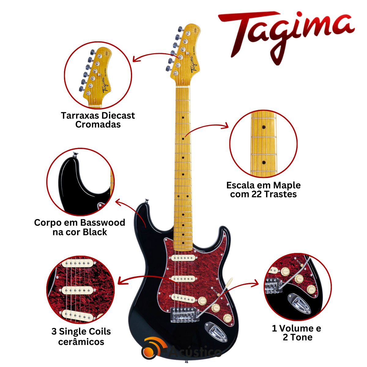 Guitarra Stratocaster Tagima TG-530 Preta Escudo Tortoise - O Acústico ...