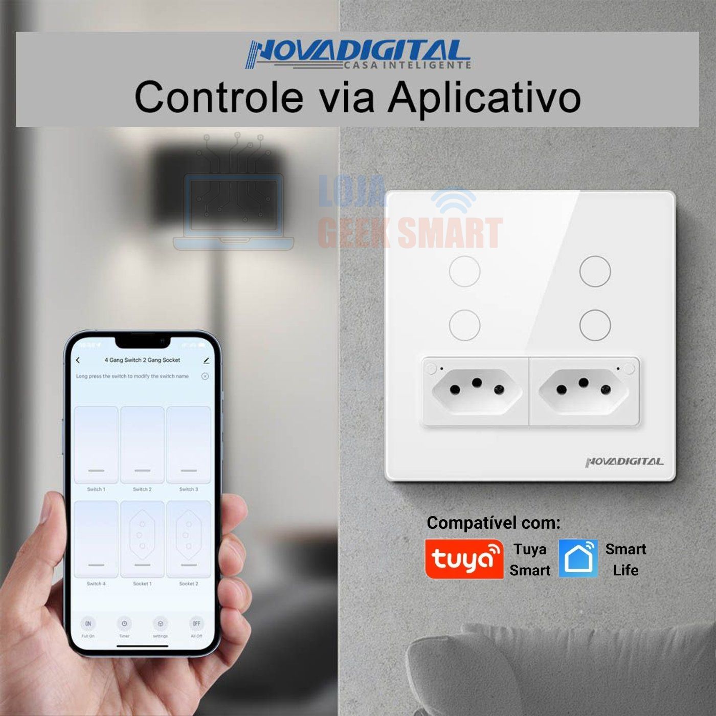 Interruptor Inteligente Wifi Nova Digital de 4 Botões e 2 Tomadas ...