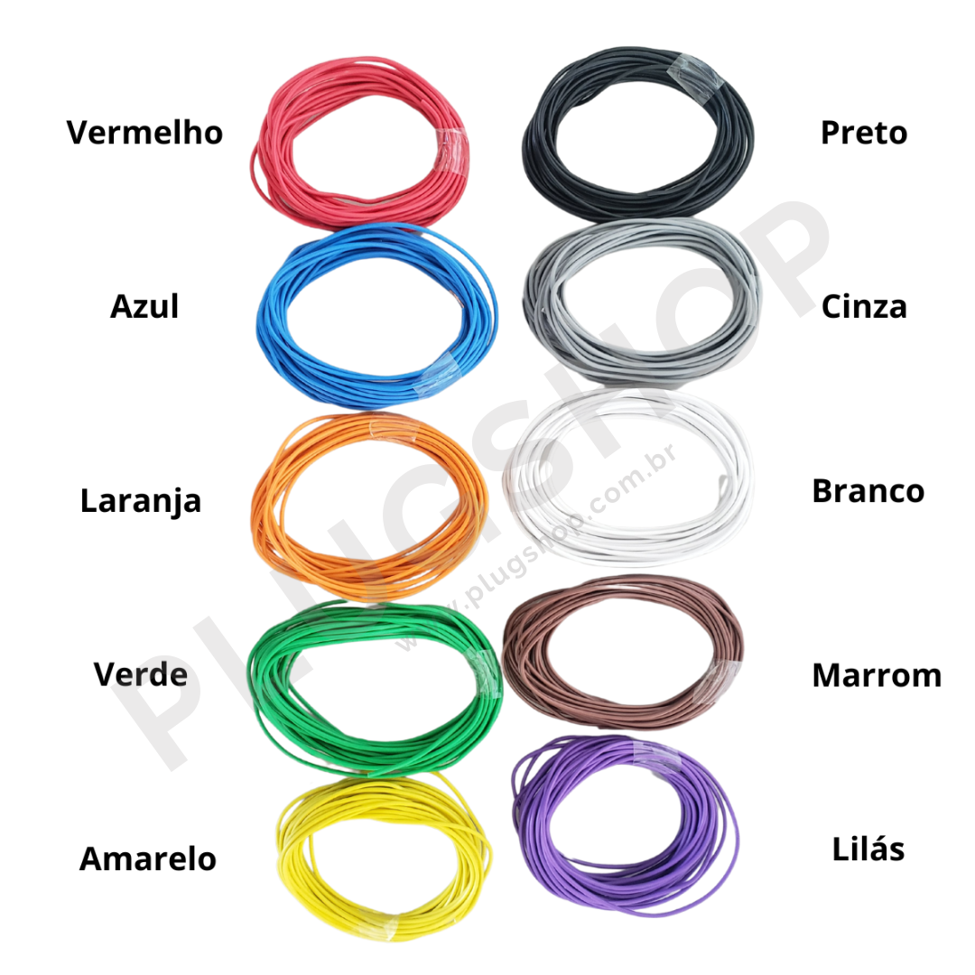 Cabo Flexível 0,20 Cabinho para Eletrônica 100m - 10m p/ cor - Plugshop