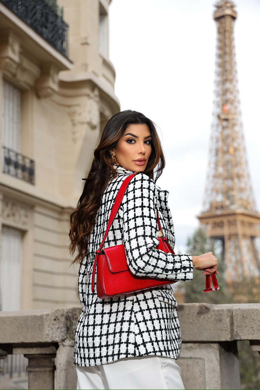 Blazer de Tweed Flora Branco com Preto - Mariah Store