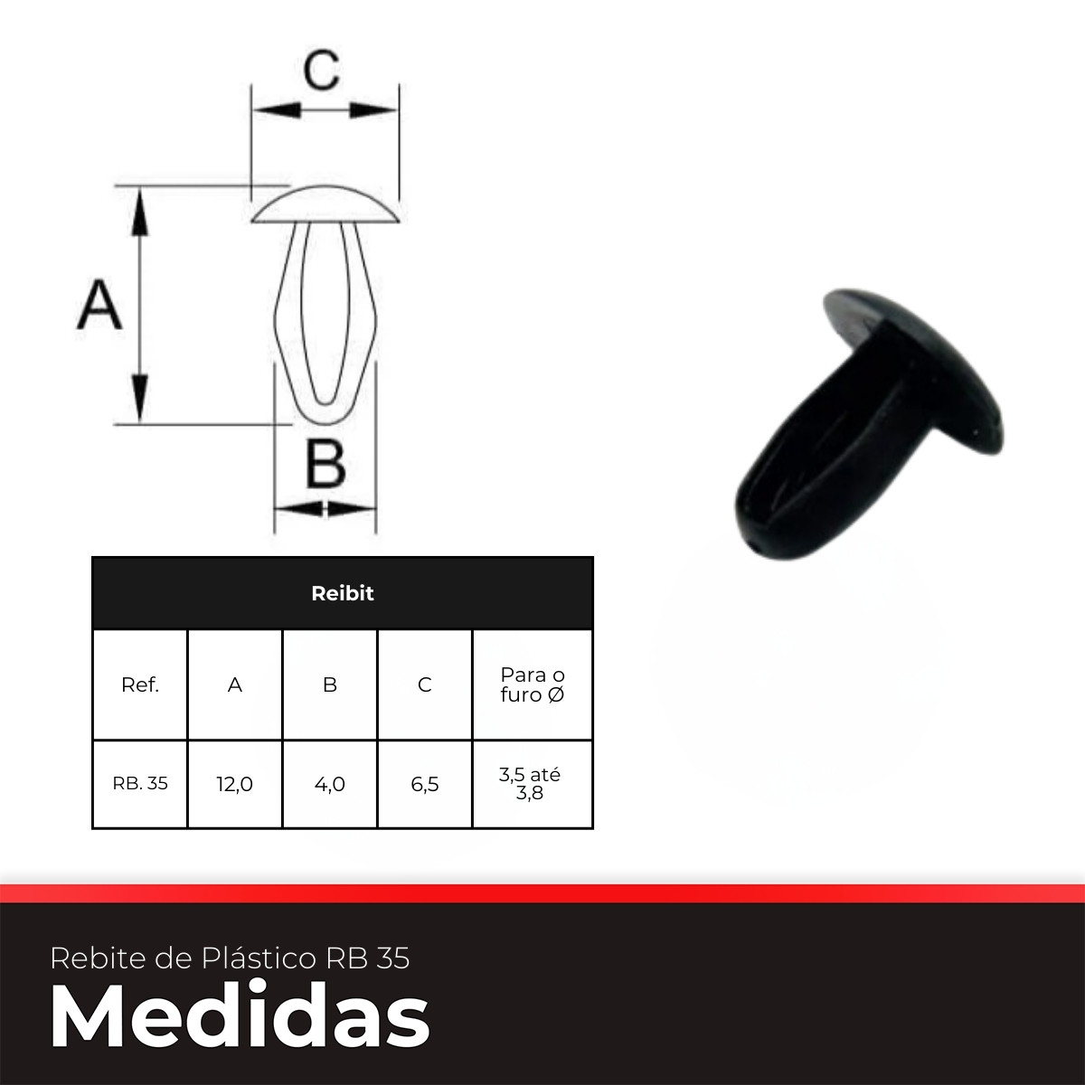 Rebite de Plástico RB 35 Preto Pacote com 500 un - GP Acrílicos