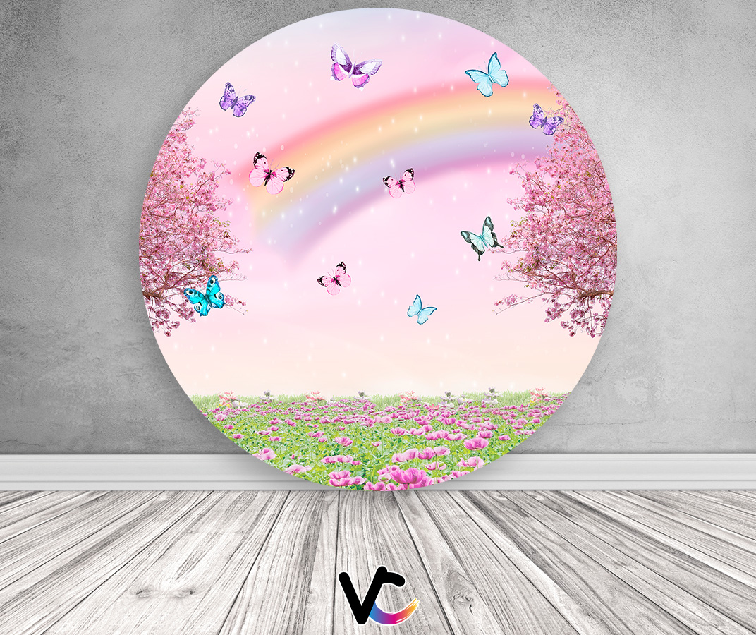 Painel De Festa Redondo 1,50x1,50 - Borboletas Jardim Arco-íris 007 - Via Cores - Paineis de Festa