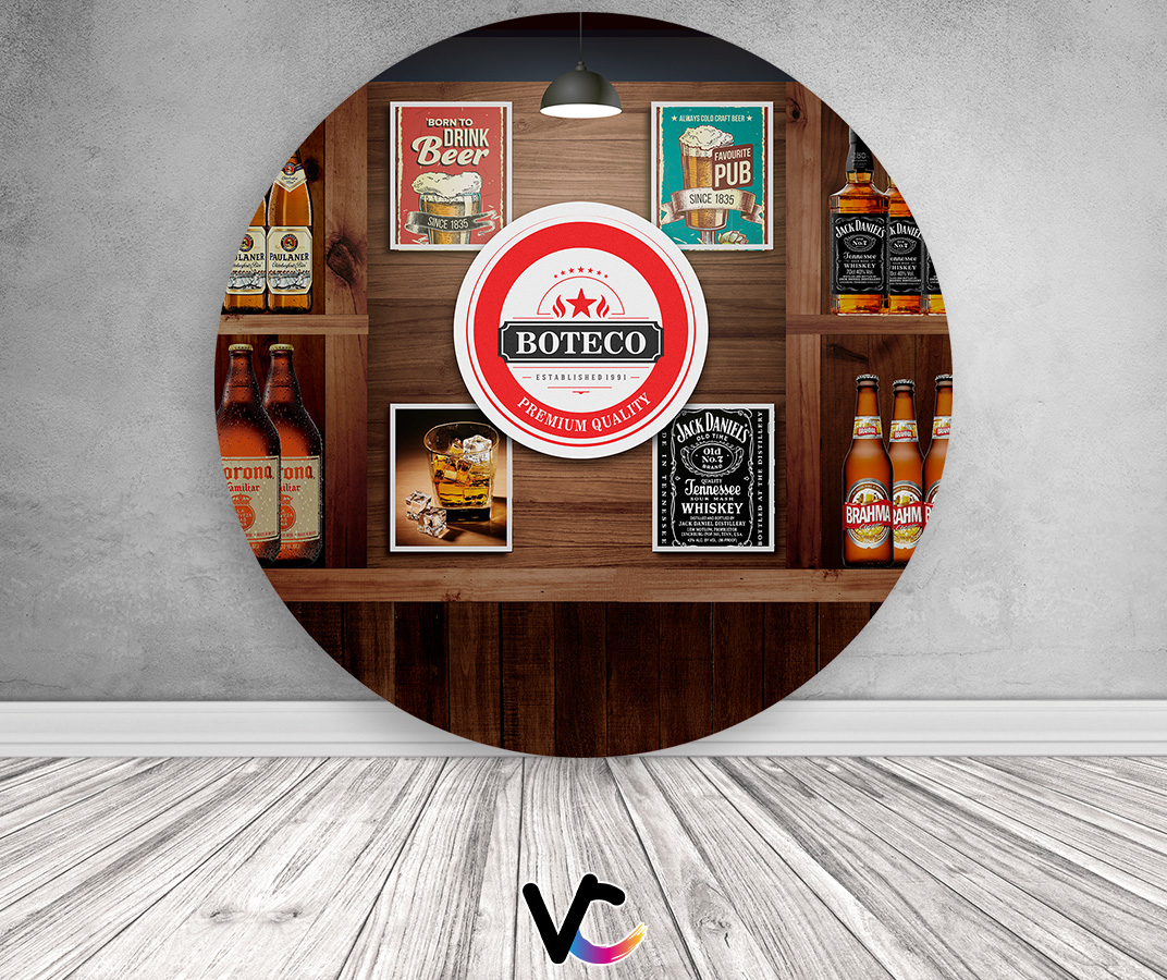 Painel De Festa Redondo 1,50x1,50 - Boteco Efeito Madeira com Bebidas ...