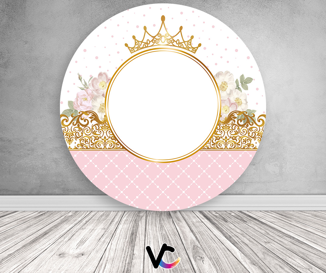 Painel De Festa Redondo 1,50x1,50 - Realeza Rosa Frame Arabesco Dourado 007 - Via Cores ...