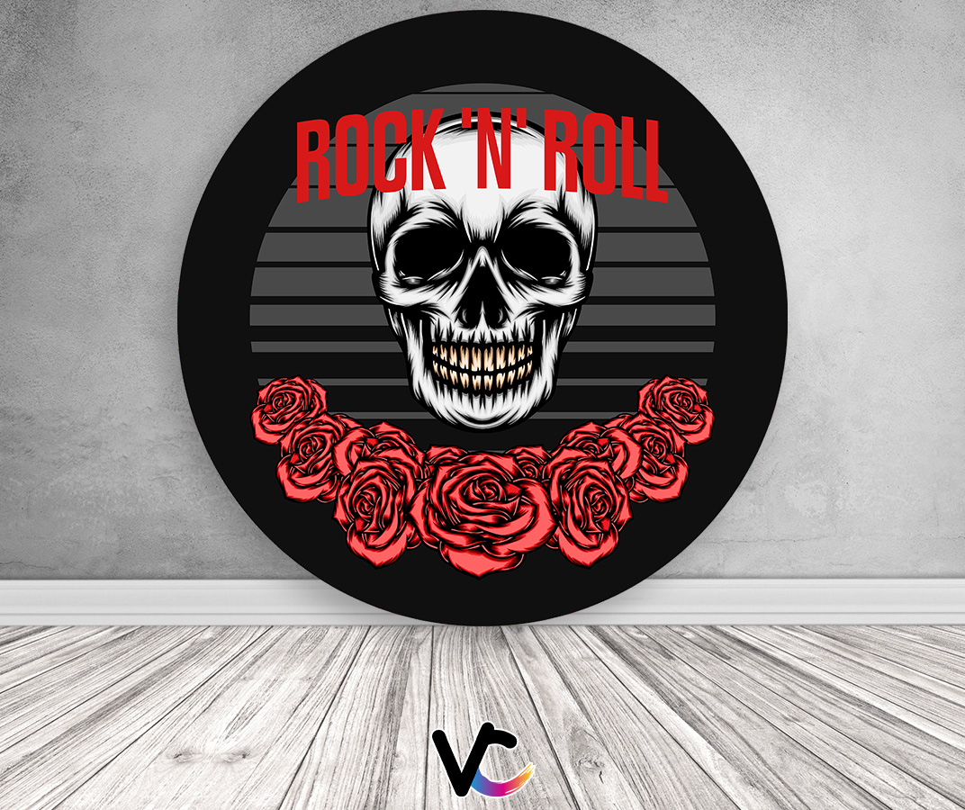 Painel De Festa Redondo 1,50x1,50 - Rock and Roll Caveira e Flores 021 ...