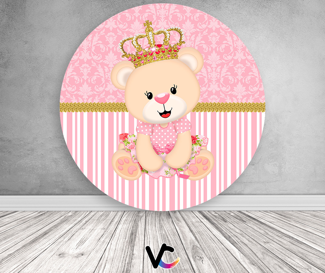 Painel De Festa Redondo 1,50x1,50 - Chá de Bebê Ursinha Princesa Rosa ...