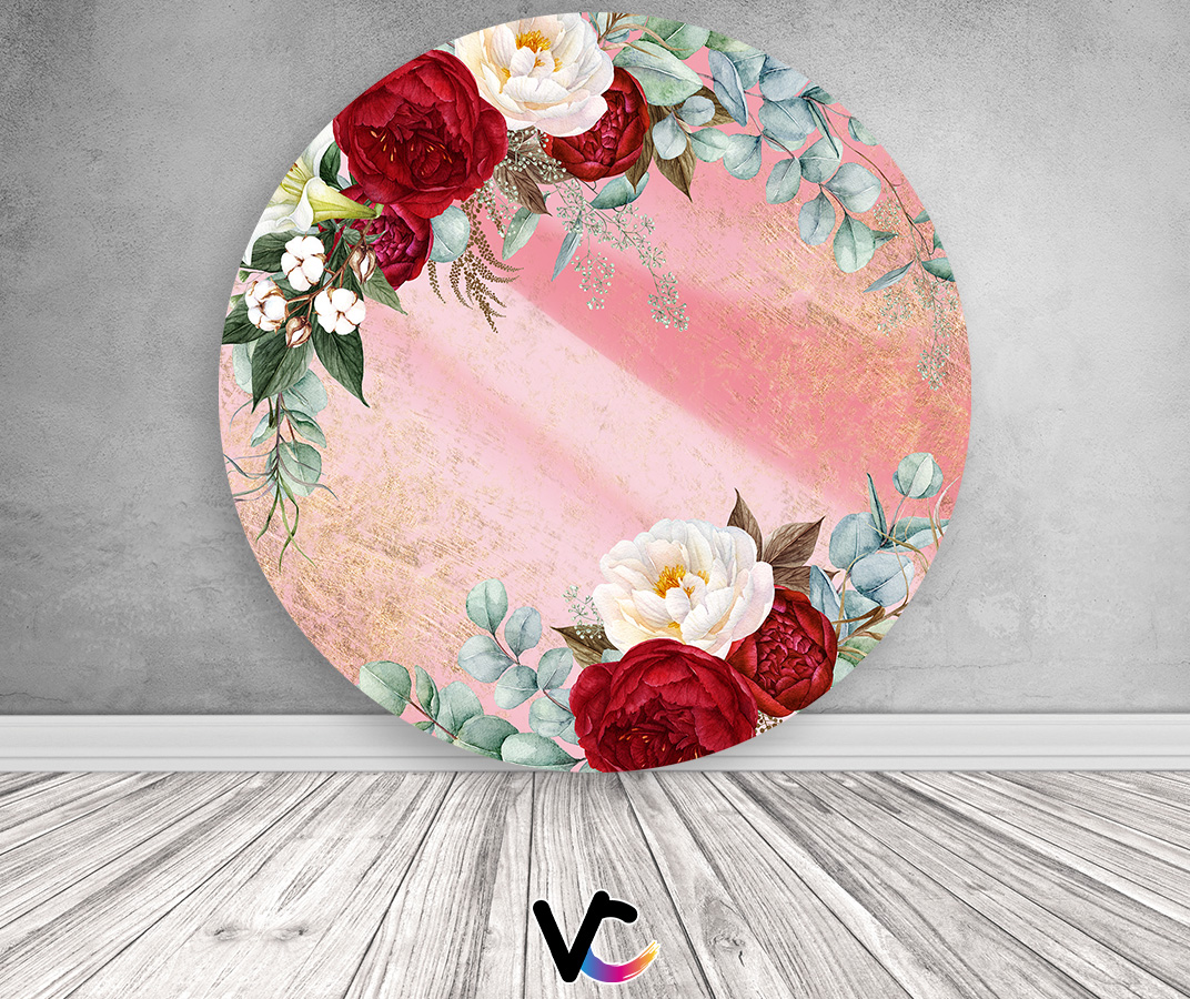 Painel De Festa Redondo 1,50x1,50 - Flores Efeito Marmorizado 149 - Via Cores - Paineis de Festa