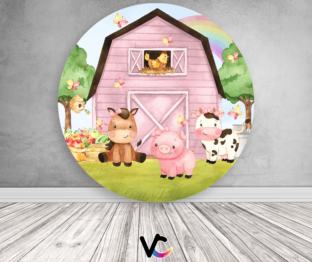 Painel De Festa Redondo 1,50x1,50 - Fazendinha Celeiro Rosa 007 - Via Cores - Paineis de Festa