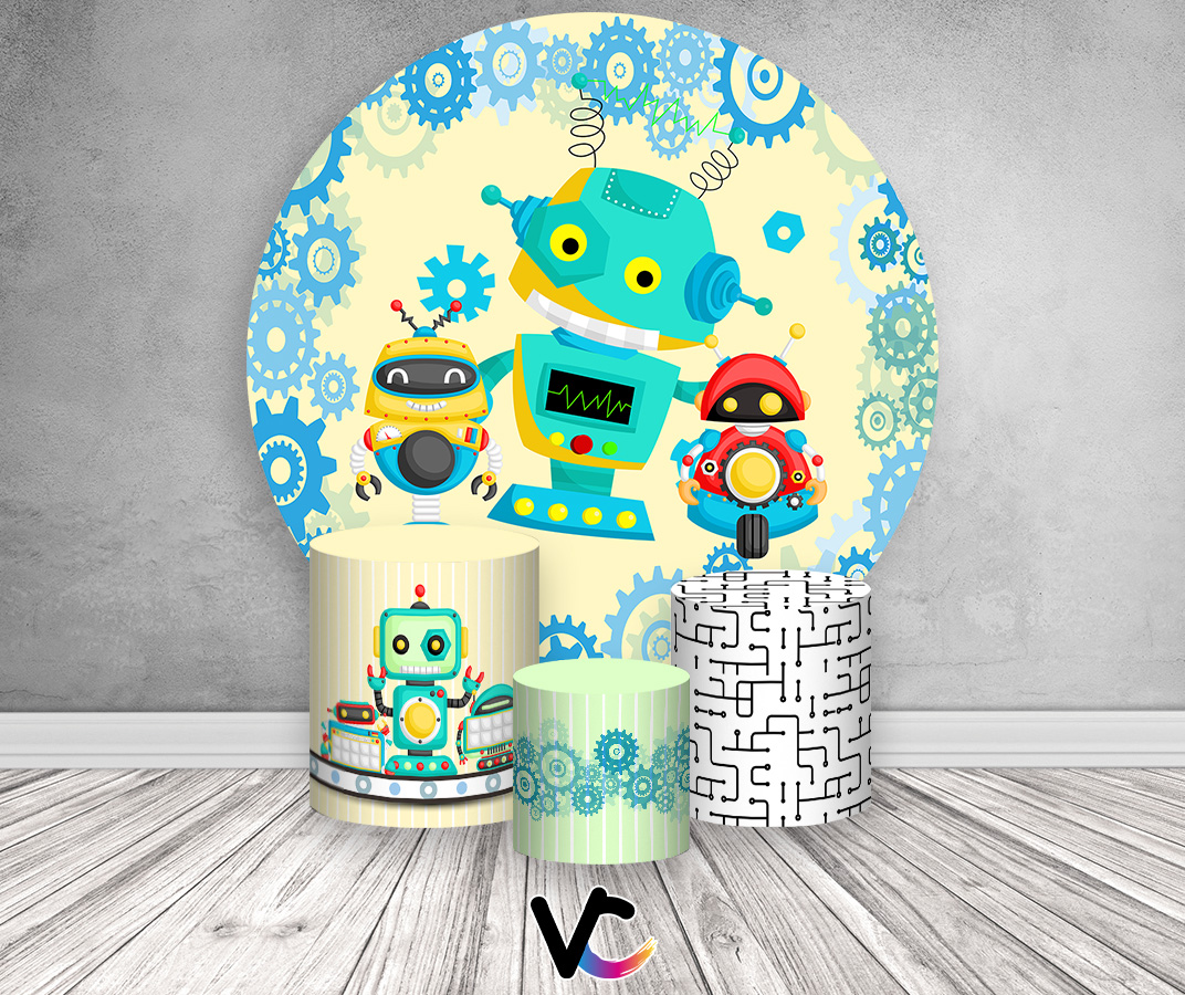 Painel De Festa Redondo 1,50 x 1,50 + Trio De Capas Cilindro - Robô ...