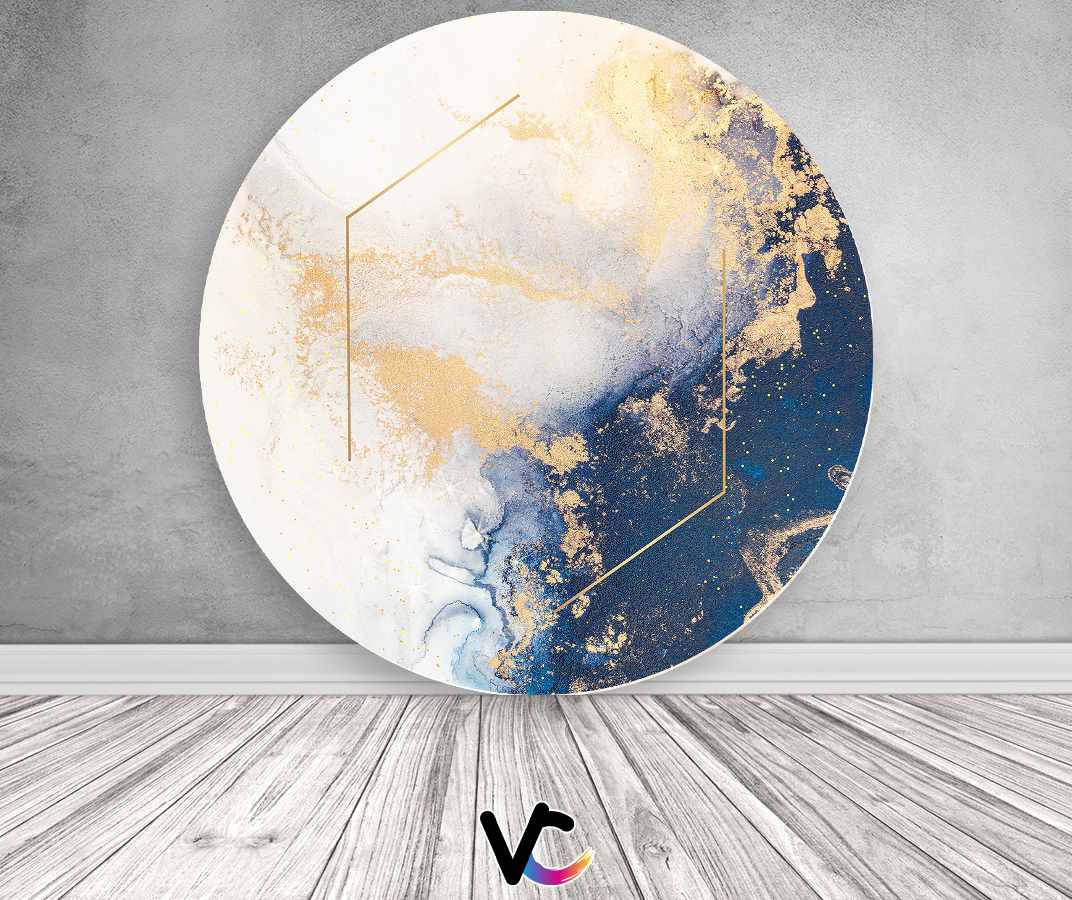 Painel De Festa Redondo 1,50x1,50 - Efeito Marmorizado Azul e Dourado ...