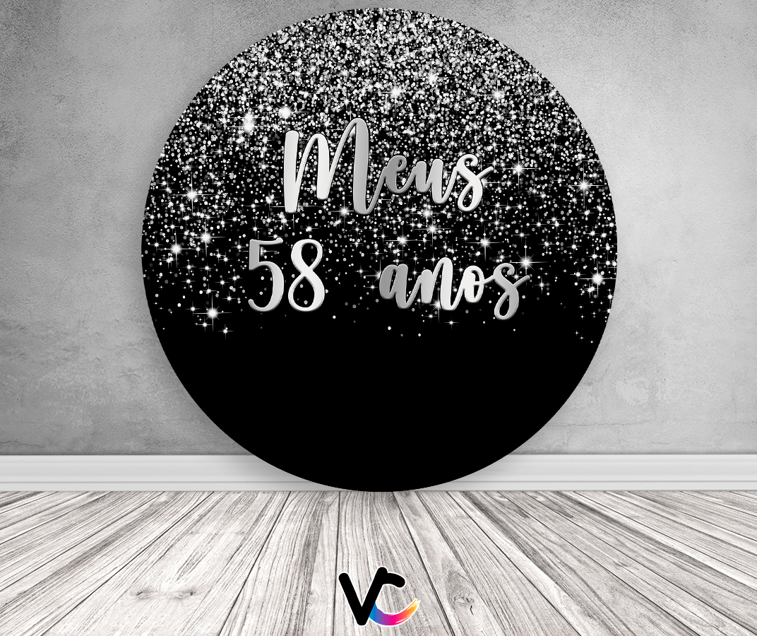 Painel De Festa Redondo 1,50x1,50 - Meus 58 Anos Efeito Glitter Prata ...