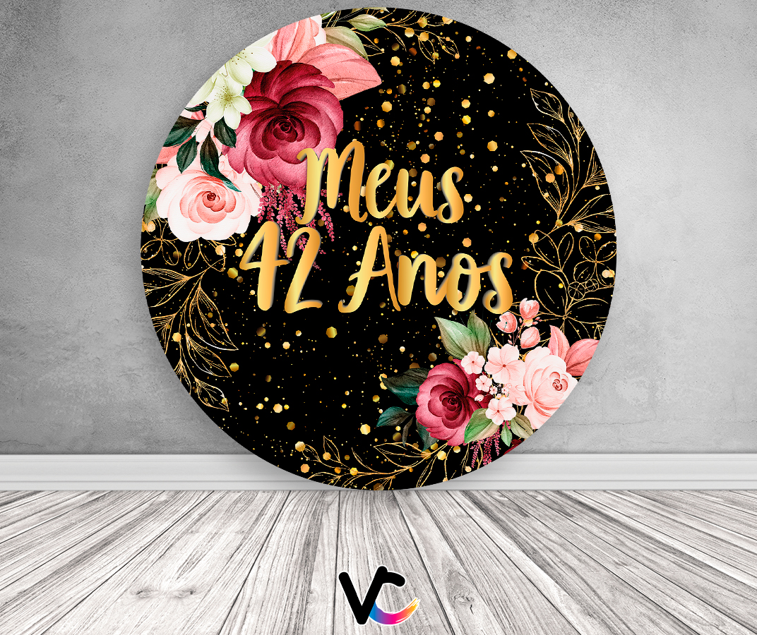 Painel De Festa Redondo 1,50x1,50 - Meus 42 Anos Dourado Floral 078 ...