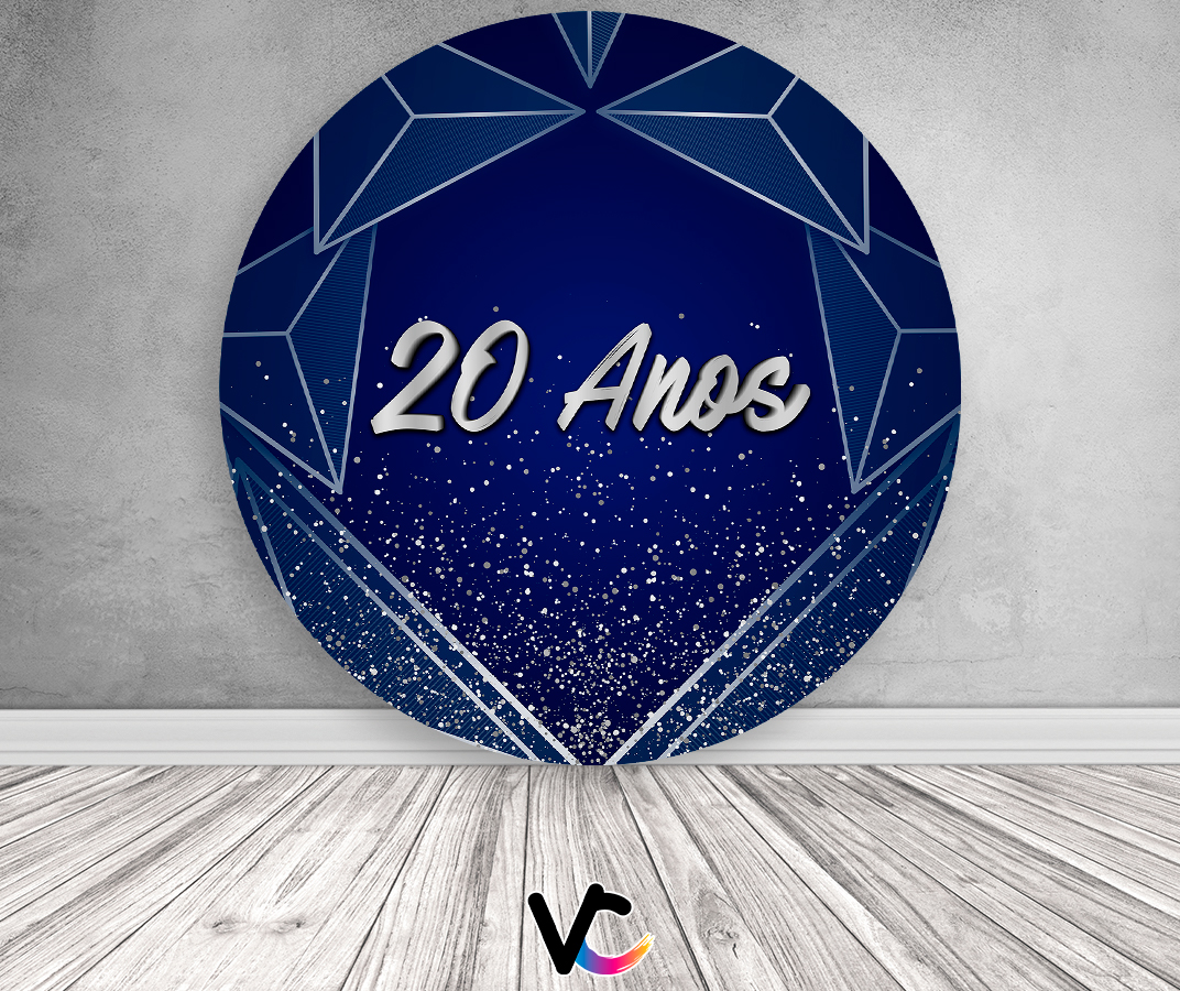Painel De Festa Redondo 1,50x1,50 - 20 Anos Geométrico Azul e Prata 064 ...